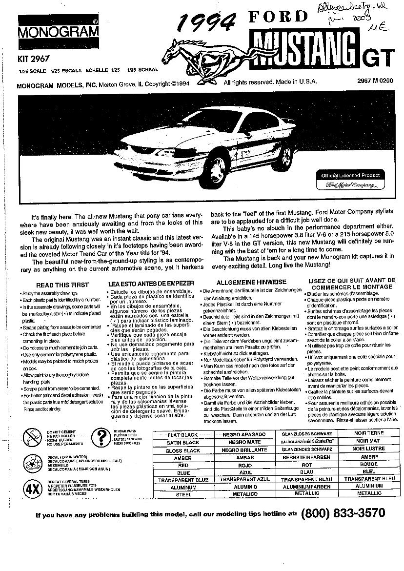 Photo: Monogram 94 Mustang instructions 1 | MONOGRAM '94 Mustang GT ...
